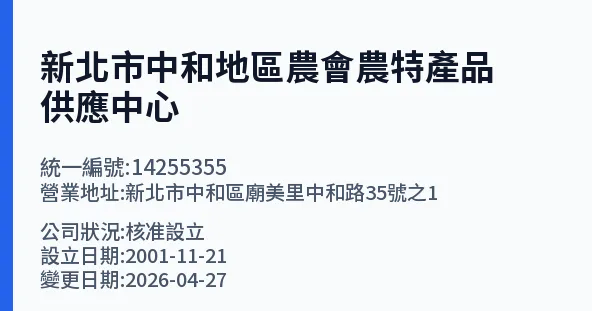 新北市中和地區農會農特產品供應中心的照片-統編 14255355(新北市) 公司登記資料與營業項目詳細圖表
