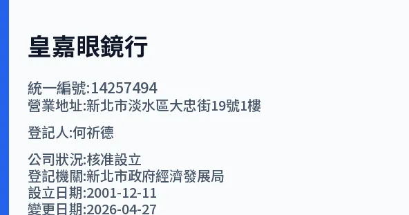 皇嘉眼鏡行的照片-統編 14257494(新北市) 公司登記資料與營業項目詳細圖表