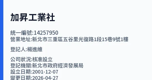 加昇工業社的照片-統編 14257950(新北市) 公司登記資料與營業項目詳細圖表