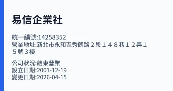 易信企業社的照片-統編 14258352(新北市) 公司登記資料與營業項目詳細圖表