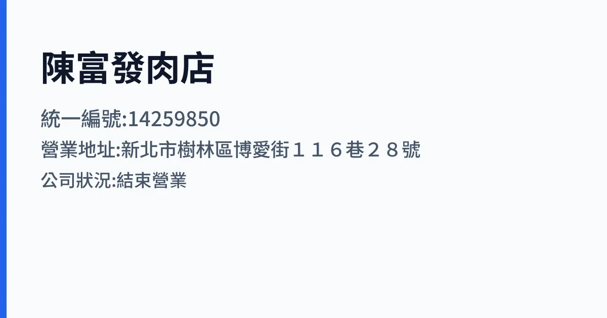 陳富發肉店 - 統編 14259850(新北市) 公司登記資料與營業項目詳細圖表