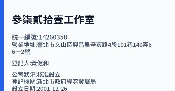 參柒貳拾壹工作室的照片-統編 14260358(臺北市) 公司登記資料與營業項目詳細圖表