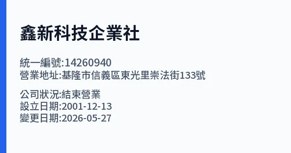 鑫新科技企業社的照片-統編 14260940(基隆市) 公司登記資料與營業項目詳細圖表