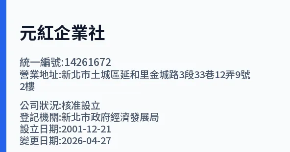 元紅企業社的照片-統編 14261672(新北市) 公司登記資料與營業項目詳細圖表