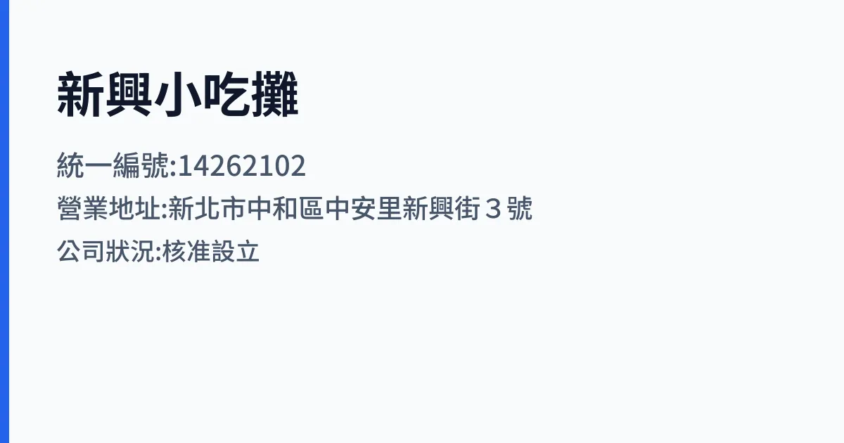 新興小吃攤 - 統編 14262102(新北市) 公司登記資料與營業項目詳細圖表
