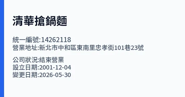 清華搶鍋麵的照片-統編 14262118(新北市) 公司登記資料與營業項目詳細圖表