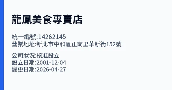 龍鳳美食專賣店的照片-統編 14262145(新北市) 公司登記資料與營業項目詳細圖表