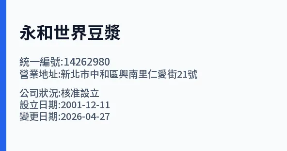 永和世界豆漿的照片-統編 14262980(新北市) 公司登記資料與營業項目詳細圖表