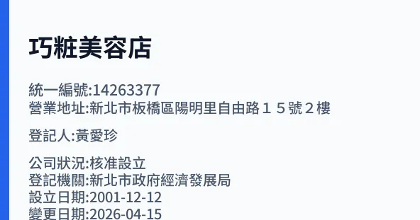 巧粧美容店的照片-統編 14263377(新北市) 公司登記資料與營業項目詳細圖表