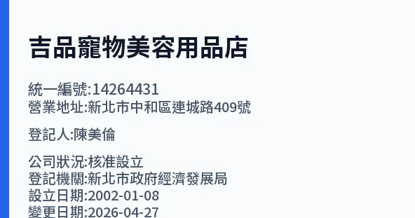 吉品寵物美容用品店的照片-統編 14264431(新北市) 公司登記資料與營業項目詳細圖表