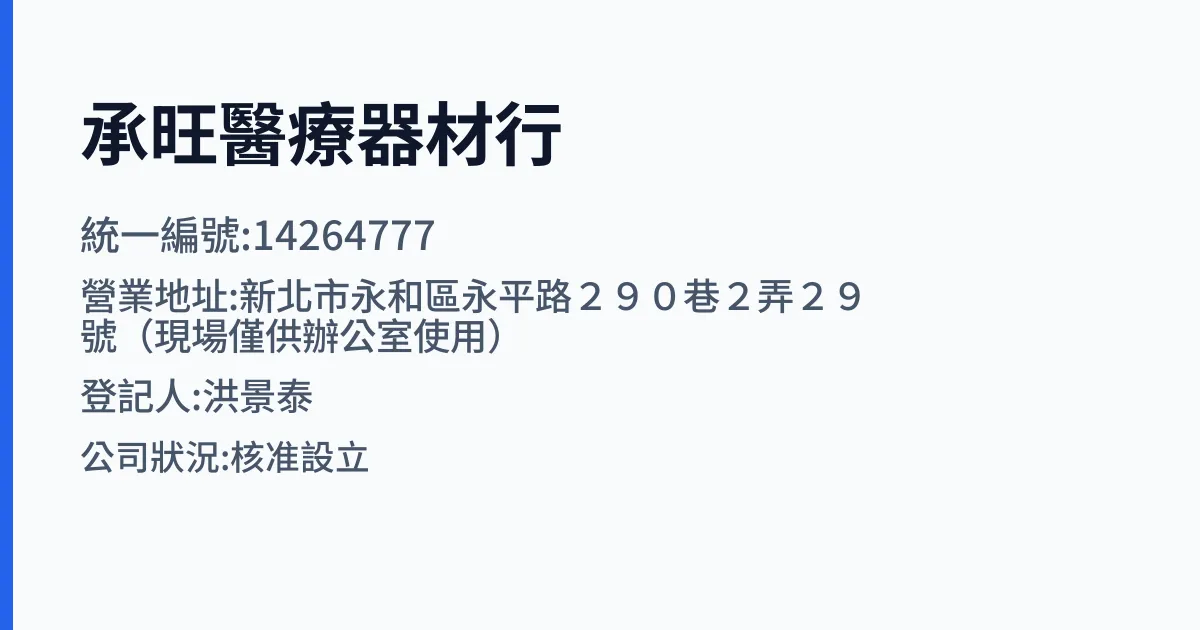 承旺醫療器材行 - 統編 14264777(新北市) 公司登記資料與營業項目詳細圖表
