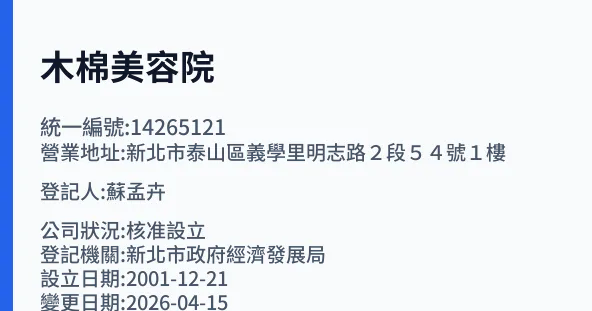 木棉美容院的照片-統編 14265121(新北市) 公司登記資料與營業項目詳細圖表