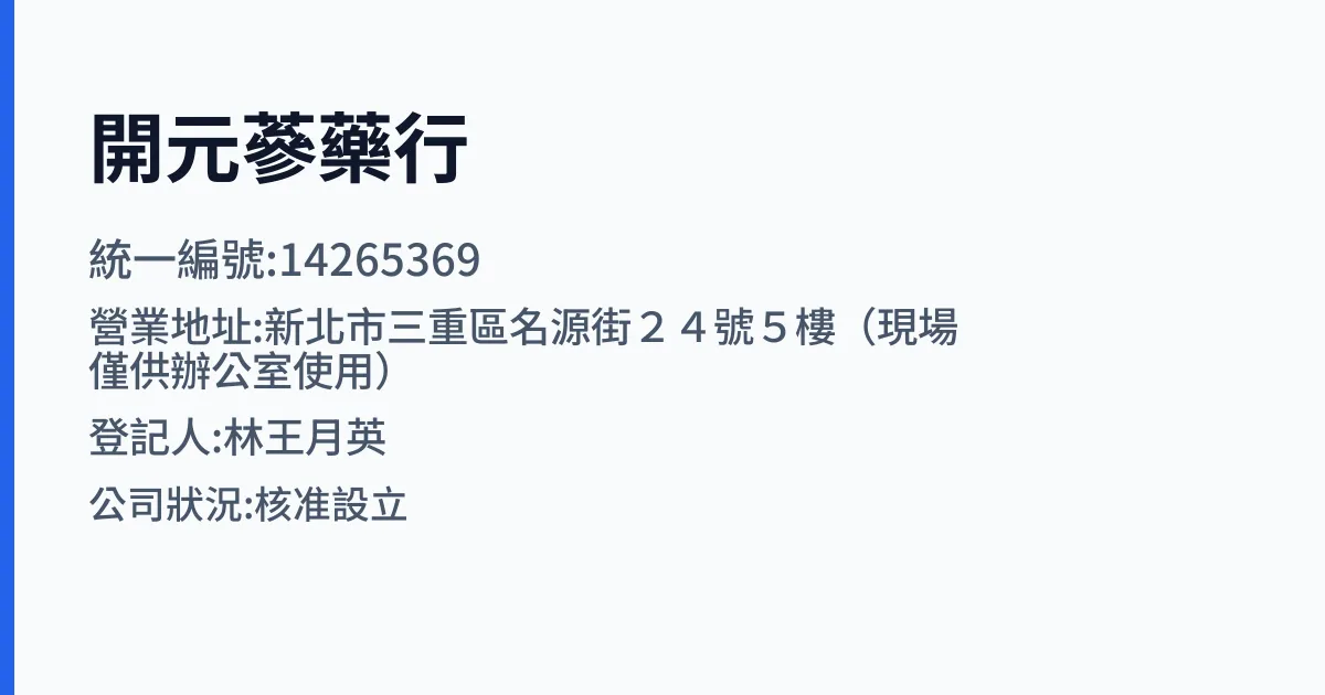 開元蔘藥行 - 統編 14265369(新北市) 公司登記資料與營業項目詳細圖表