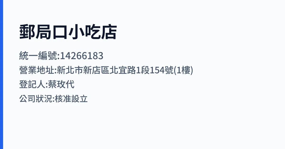 郵局口小吃店 - 統編 14266183(新北市) 公司登記資料與營業項目詳細圖表