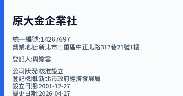 原大金企業社的照片-統編 14267697(新北市) 公司登記資料與營業項目詳細圖表