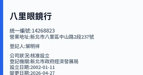 八里眼鏡行的照片-統編 14268823(新北市) 公司登記資料與營業項目詳細圖表