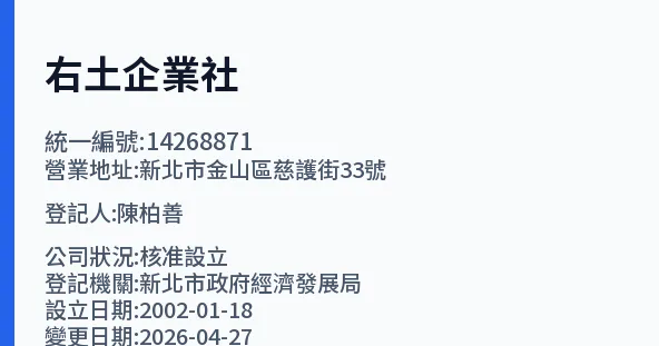 右土企業社的照片-統編 14268871(新北市) 公司登記資料與營業項目詳細圖表