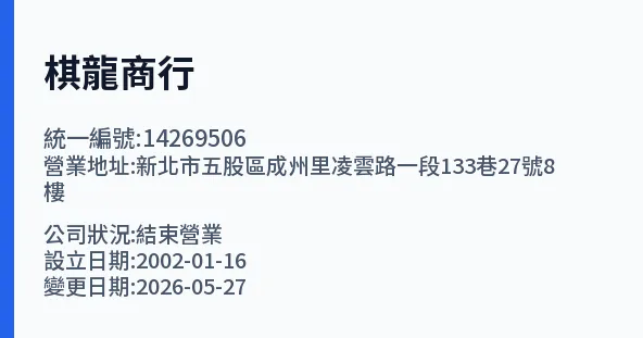 棋龍商行的照片-統編 14269506(新北市) 公司登記資料與營業項目詳細圖表