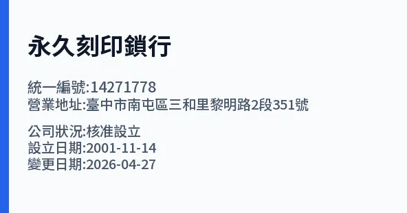 永久刻印鎖行的照片-統編 14271778(臺中市) 公司登記資料與營業項目詳細圖表
