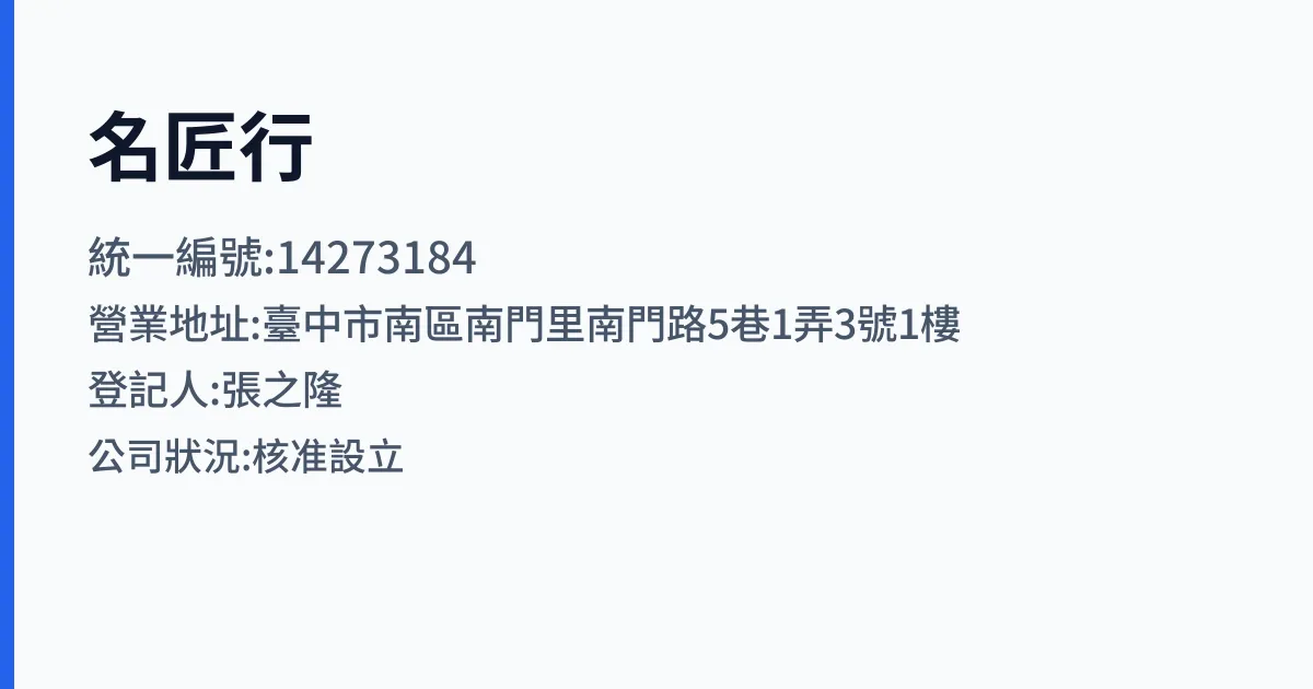 名匠行 - 統編 14273184(臺中市) 公司登記資料與營業項目詳細圖表