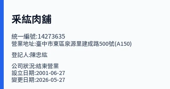 釆紘肉舖的照片-統編 14273635(臺中市) 公司登記資料與營業項目詳細圖表
