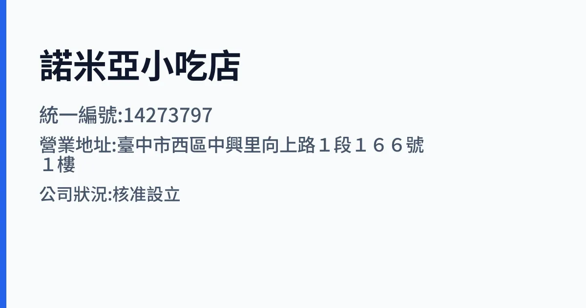 諾米亞小吃店 - 統編 14273797(臺中市) 公司登記資料與營業項目詳細圖表