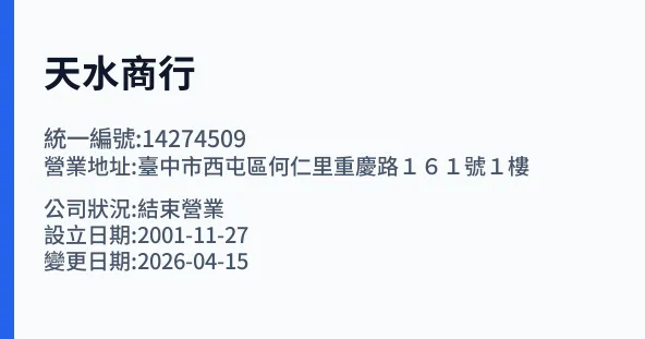 天水商行的照片-統編 14274509(臺中市) 公司登記資料與營業項目詳細圖表