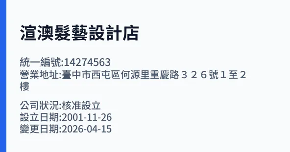 渲澳髮藝設計店的照片-統編 14274563(臺中市) 公司登記資料與營業項目詳細圖表