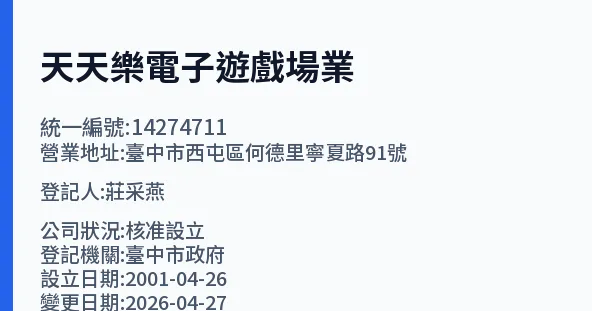 天天樂電子遊戲場業的照片-統編 14274711(臺中市) 公司登記資料與營業項目詳細圖表
