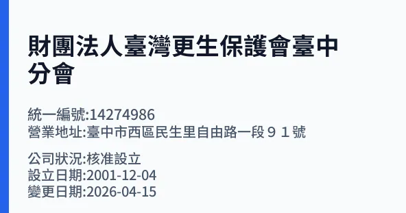 財團法人臺灣更生保護會臺中分會的照片-統編 14274986(臺中市) 公司登記資料與營業項目詳細圖表