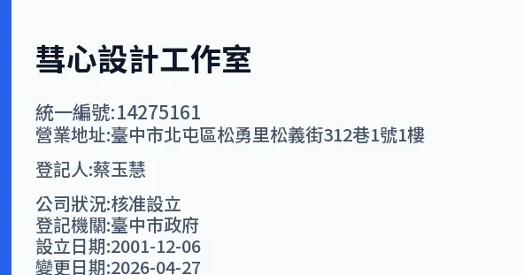 彗心設計工作室的照片-統編 14275161(臺中市) 公司登記資料與營業項目詳細圖表