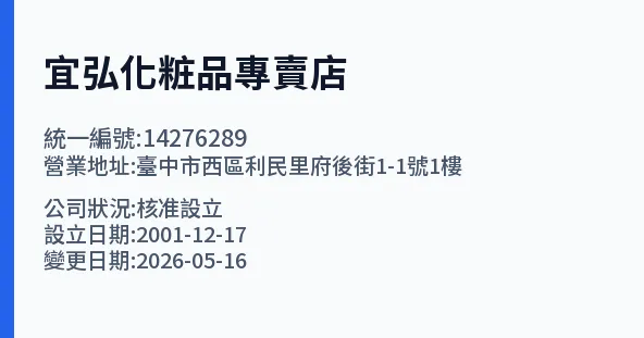 宜弘化粧品專賣店的照片-統編 14276289(臺中市) 公司登記資料與營業項目詳細圖表