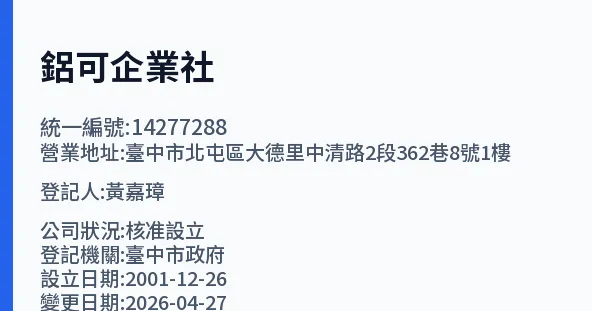 鋁可企業社的照片-統編 14277288(臺中市) 公司登記資料與營業項目詳細圖表