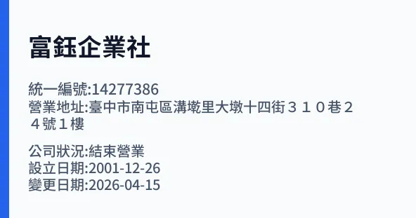 富鈺企業社的照片-統編 14277386(臺中市) 公司登記資料與營業項目詳細圖表