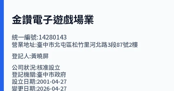 金讚電子遊戲場業的照片-統編 14280143(臺中市) 公司登記資料與營業項目詳細圖表