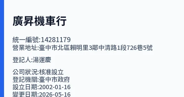 廣昇機車行的照片-統編 14281179(臺中市) 公司登記資料與營業項目詳細圖表