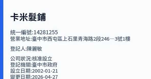 卡米髮鋪的照片-統編 14281255(臺中市) 公司登記資料與營業項目詳細圖表
