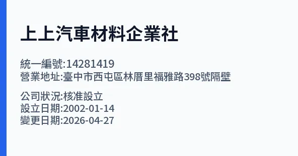 上上汽車材料企業社的照片-統編 14281419(臺中市) 公司登記資料與營業項目詳細圖表
