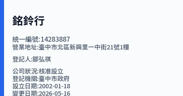 銘鈴行的照片-統編 14283887(臺中市) 公司登記資料與營業項目詳細圖表