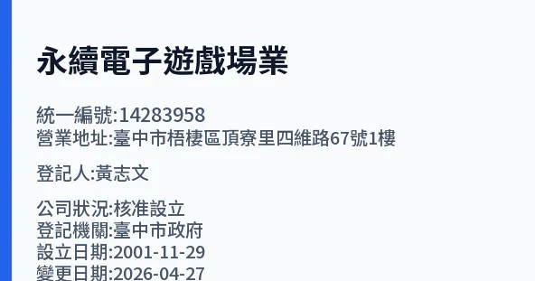 永續電子遊戲場業的照片-統編 14283958(臺中市) 公司登記資料與營業項目詳細圖表