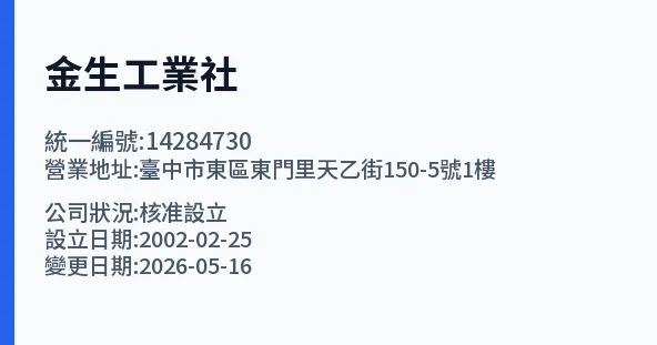 金生工業社的照片-統編 14284730(臺中市) 公司登記資料與營業項目詳細圖表