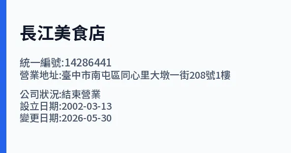 長江美食店的照片-統編 14286441(臺中市) 公司登記資料與營業項目詳細圖表