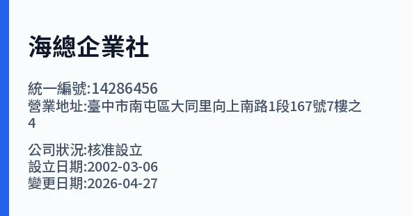 海總企業社的照片-統編 14286456(臺中市) 公司登記資料與營業項目詳細圖表