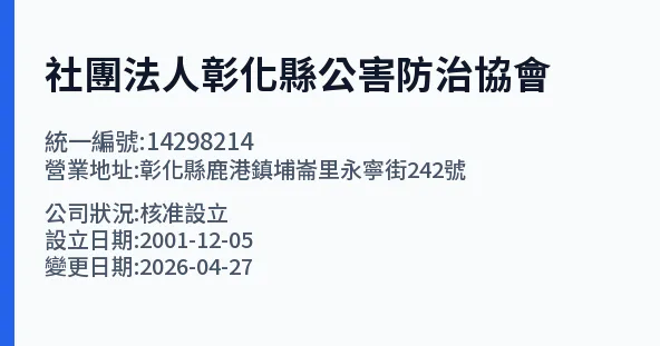 社團法人彰化縣公害防治協會的照片-統編 14298214(彰化縣) 公司登記資料與營業項目詳細圖表
