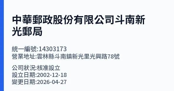 中華郵政股份有限公司斗南新光郵局的照片-統編 14303173(雲林縣) 公司登記資料與營業項目詳細圖表