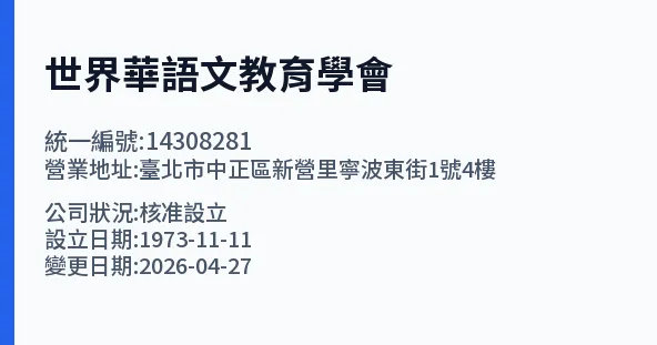 世界華語文教育學會的照片-統編 14308281(臺北市) 公司登記資料與營業項目詳細圖表