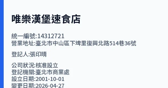唯樂漢堡速食店的照片-統編 14312721(臺北市) 公司登記資料與營業項目詳細圖表