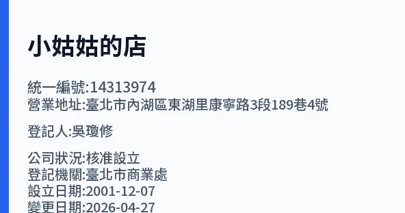 小姑姑的店的照片-統編 14313974(臺北市) 公司登記資料與營業項目詳細圖表