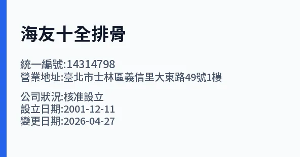 海友十全排骨的照片-統編 14314798(臺北市) 公司登記資料與營業項目詳細圖表