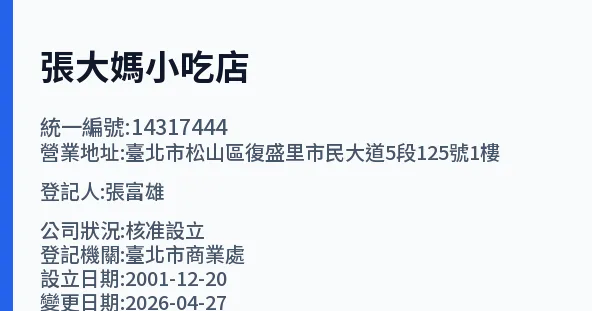 張大媽小吃店的照片-統編 14317444(臺北市) 公司登記資料與營業項目詳細圖表